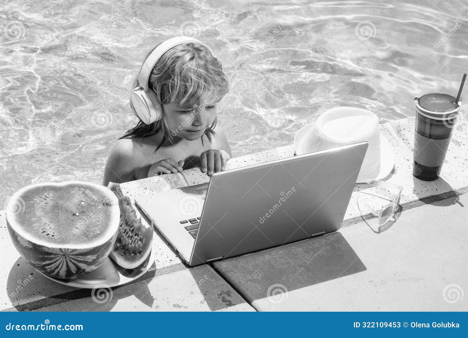 Child Learning Online Computer Laptop. Child Relax and Rest on Colorful ...