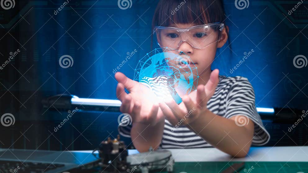 Child Learning Repairing Getting Lesson Control Toy Drone in Workshop ...