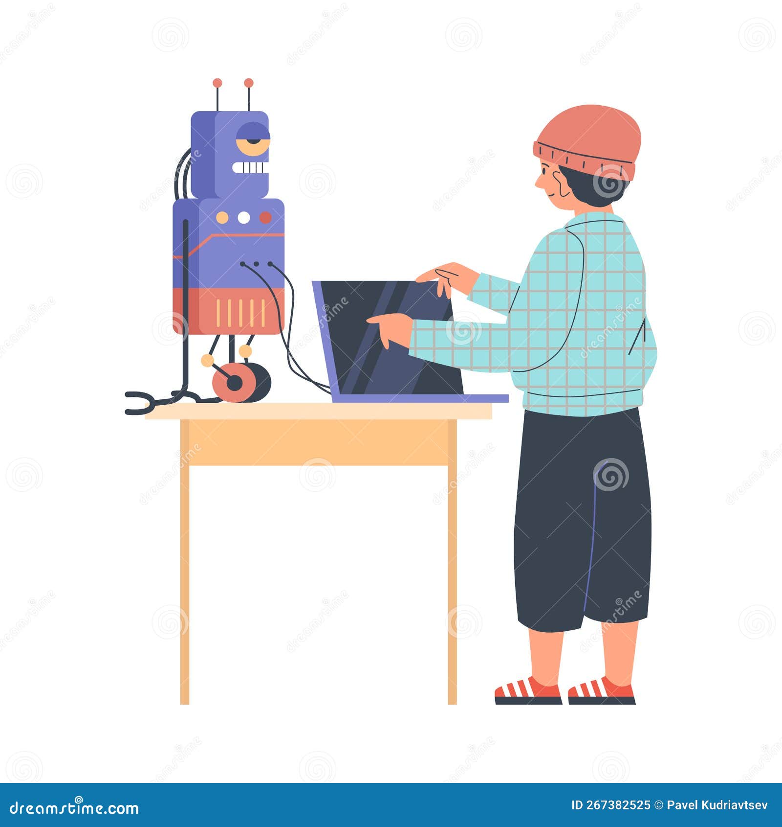 Child Learns To Control Robots through Computer Software, Flat Vector ...