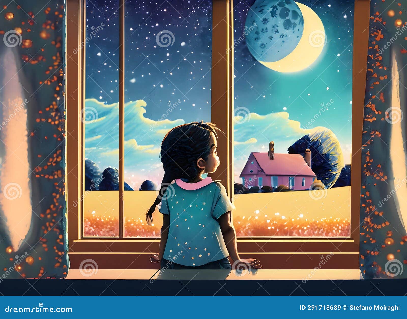 Child Looking at the Moon by the Windows Stock Illustration ...