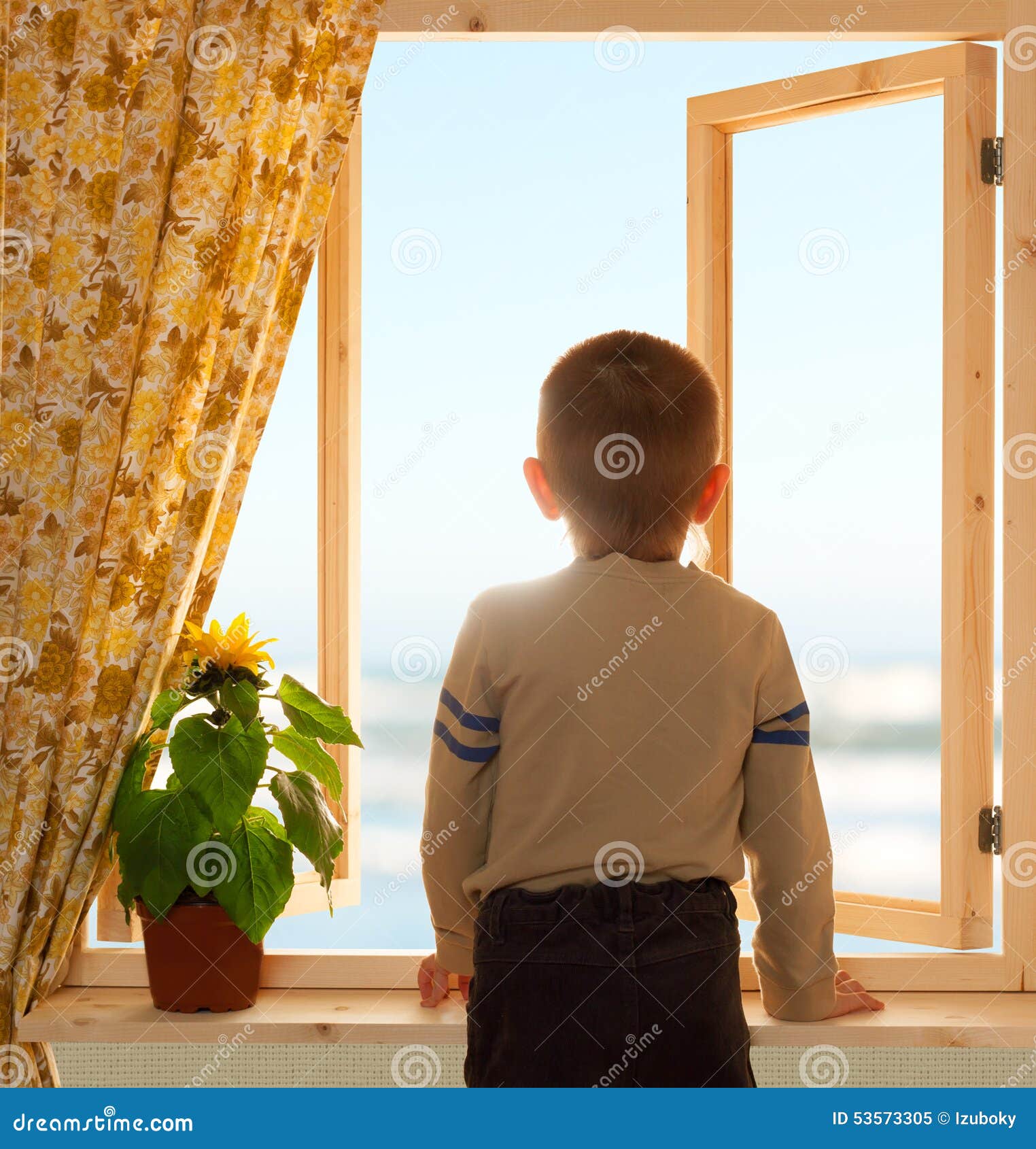 Child Looking through Open Window Stock Image - Image of comfortable ...