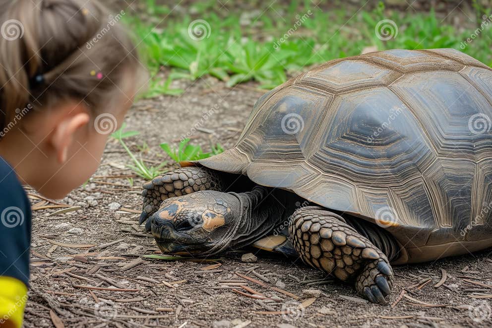 Child Looking at a Resting Tortoise with a Patched Shell Stock Image ...