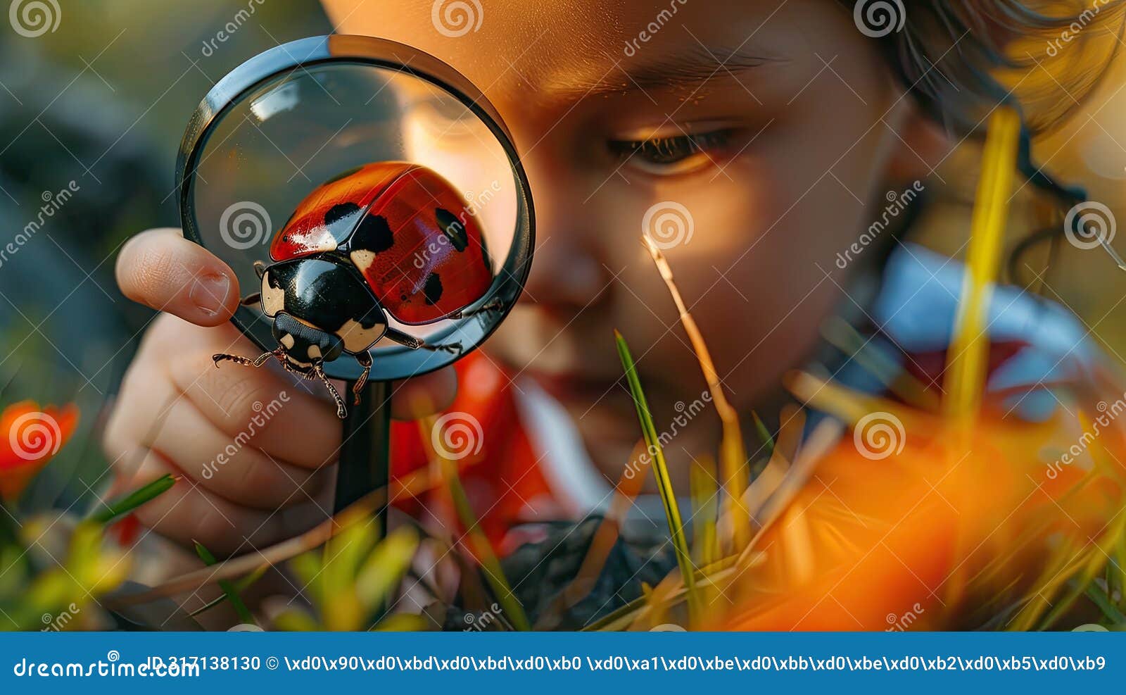 The Child Looks through a Magnifying Glass at the Insect Ladybug Stock ...