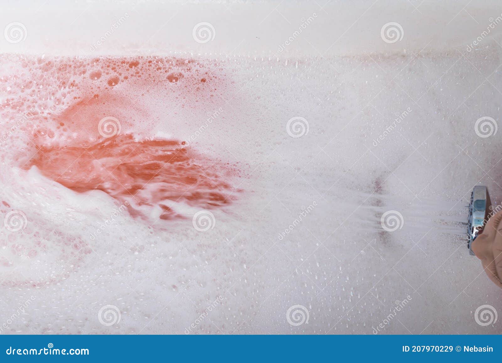 The Child Makes Lather in the Bath with the Shower. Red Water Stock ...