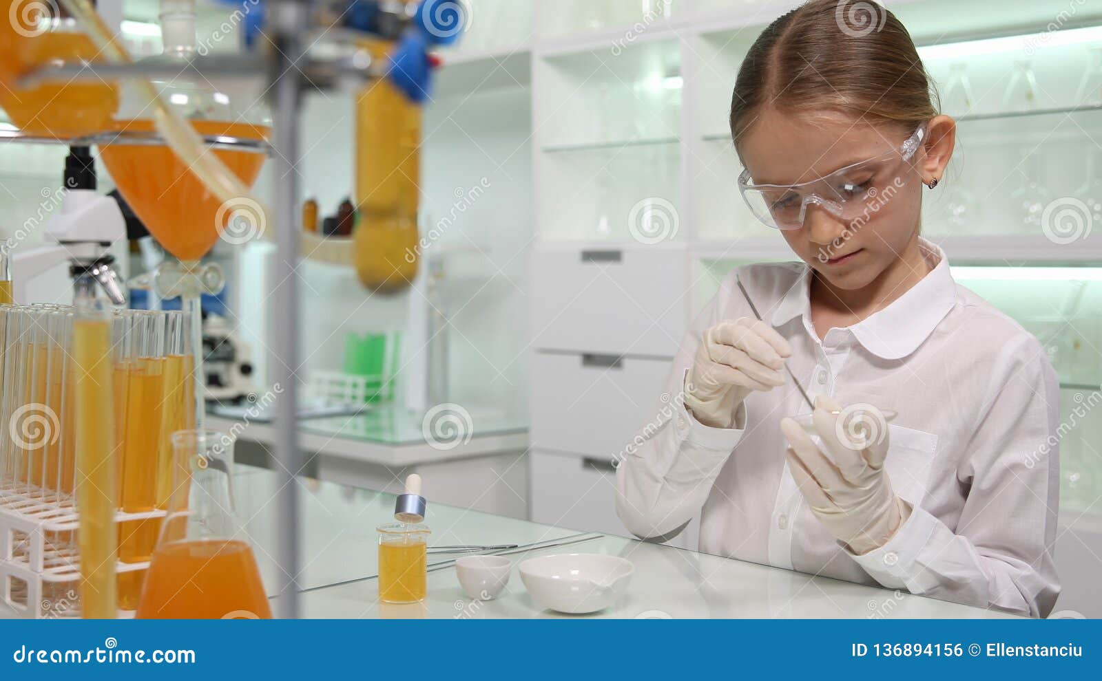 Child Making Chemical Experiment in School Lab, Student Girl in Science ...