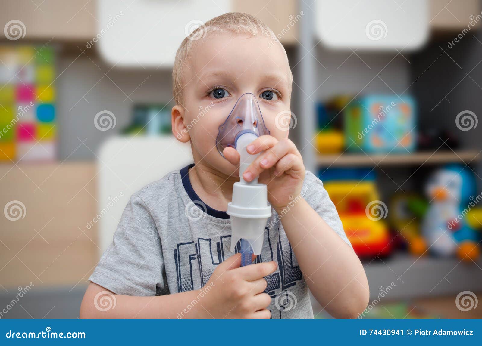 Child Making Inhalation with Mask on His Face. Stock Image - Image of ...