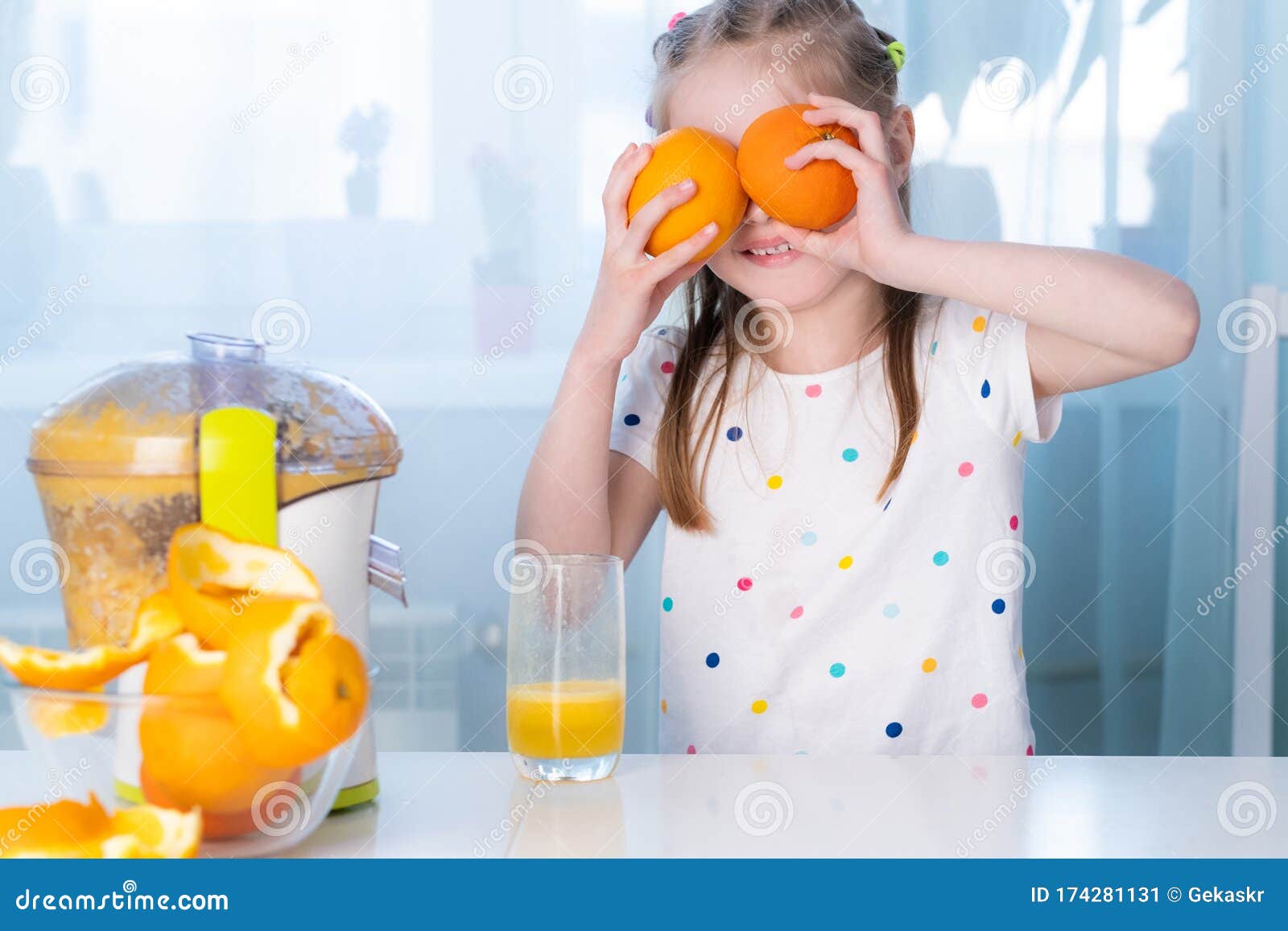 Child Making Juice and Playing Stock Image - Image of joyful, girl ...