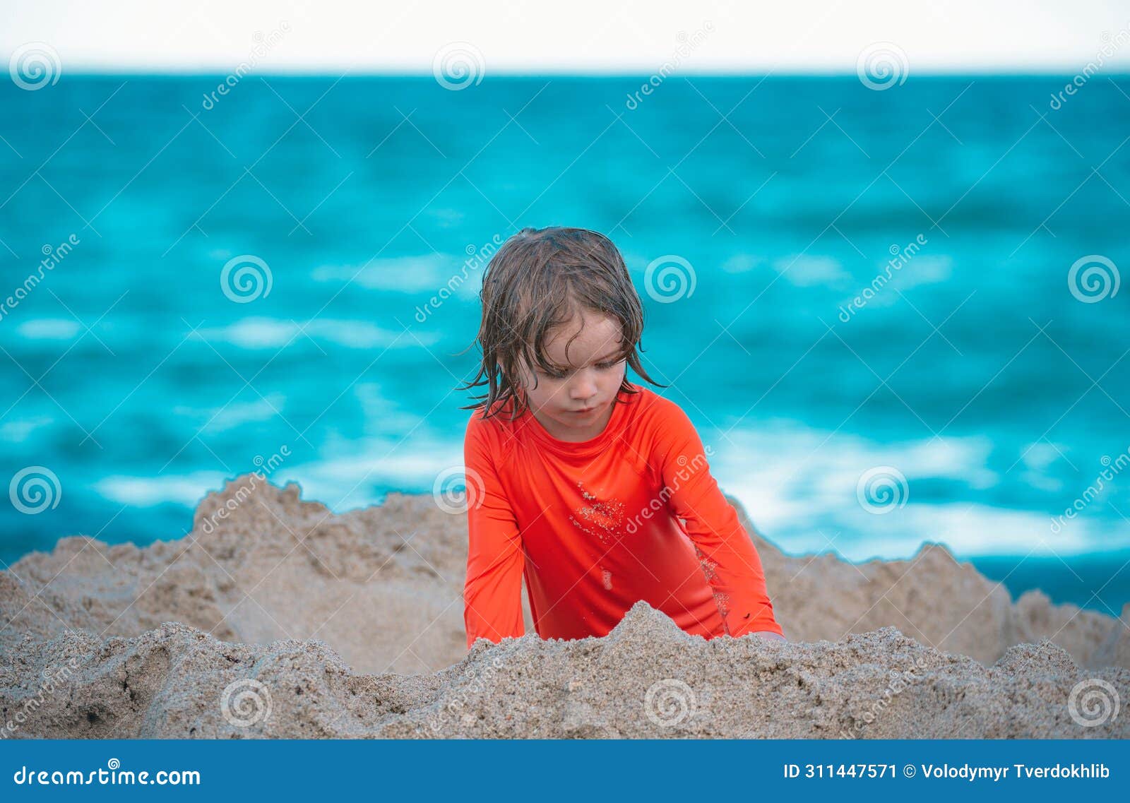 Child Making Sand Castle at Beach on Sea. Stock Image - Image of ...
