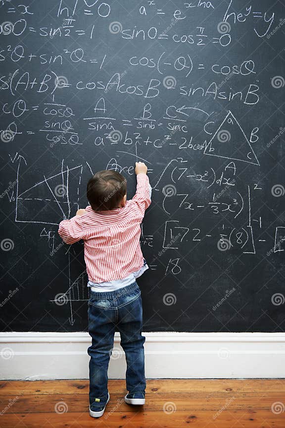 Child, Math and Blackboard with Writing in Classroom for Knowledge ...