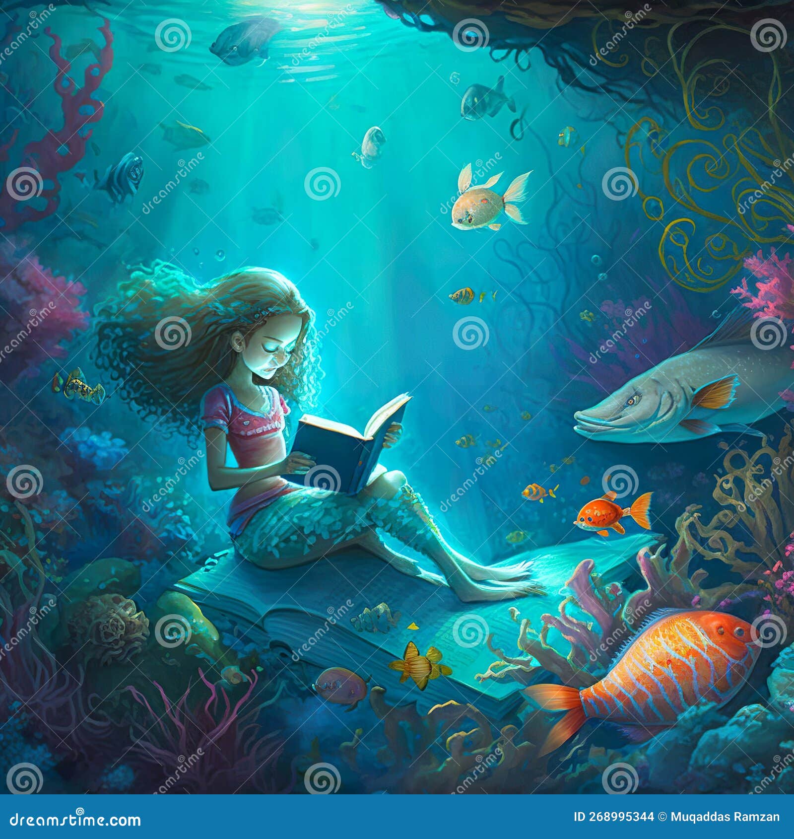 Mermaid Reading A Book Isolated Coloring Page Cartoon Vector ...