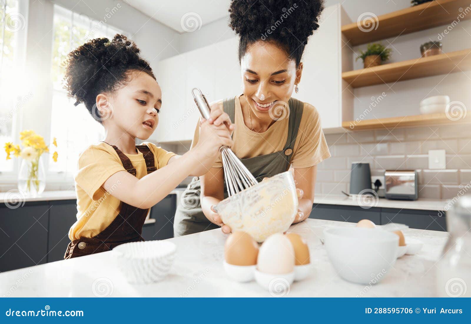 Child, Mom and Baking in Kitchen, Helping and Learning with Support ...
