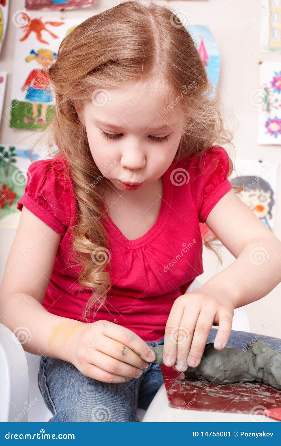 Child Moulding from Clay in Play Room. Stock Image - Image of nurser ...