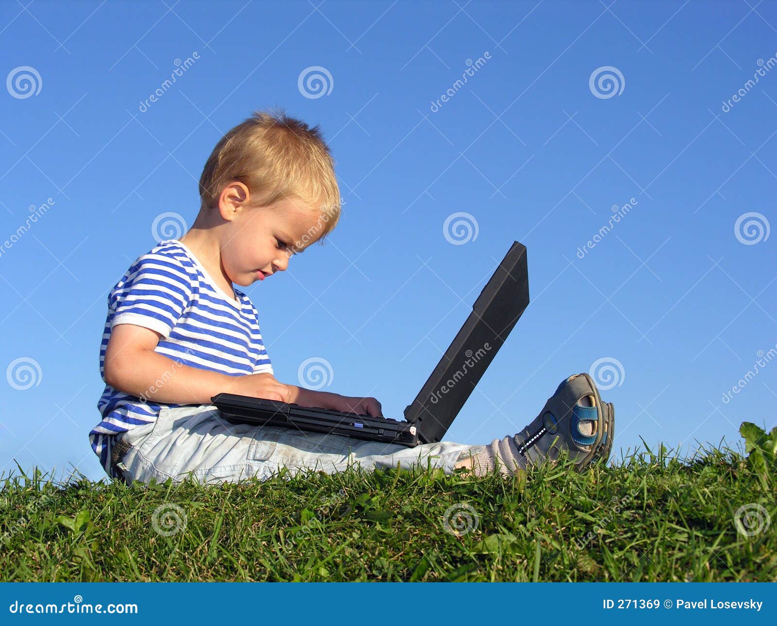 Child with Notebook Sit Blue Sky 2 Stock Image - Image of wireless ...