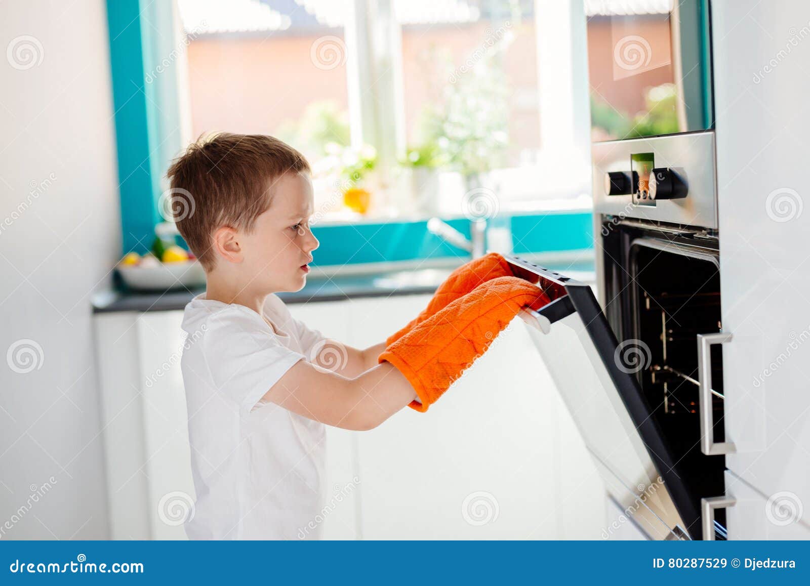 Child Opening Oven in Kitchen. Stock Image - Image of cook, appetite ...