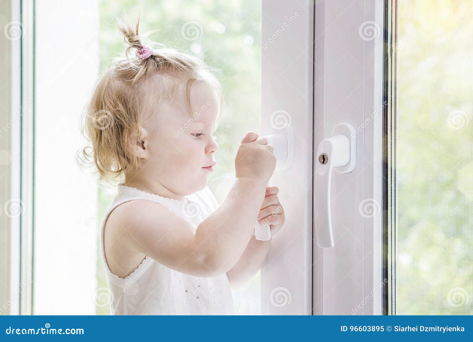 Child Opens Window. Kid is on Windowsill. Stock Image - Image of ...