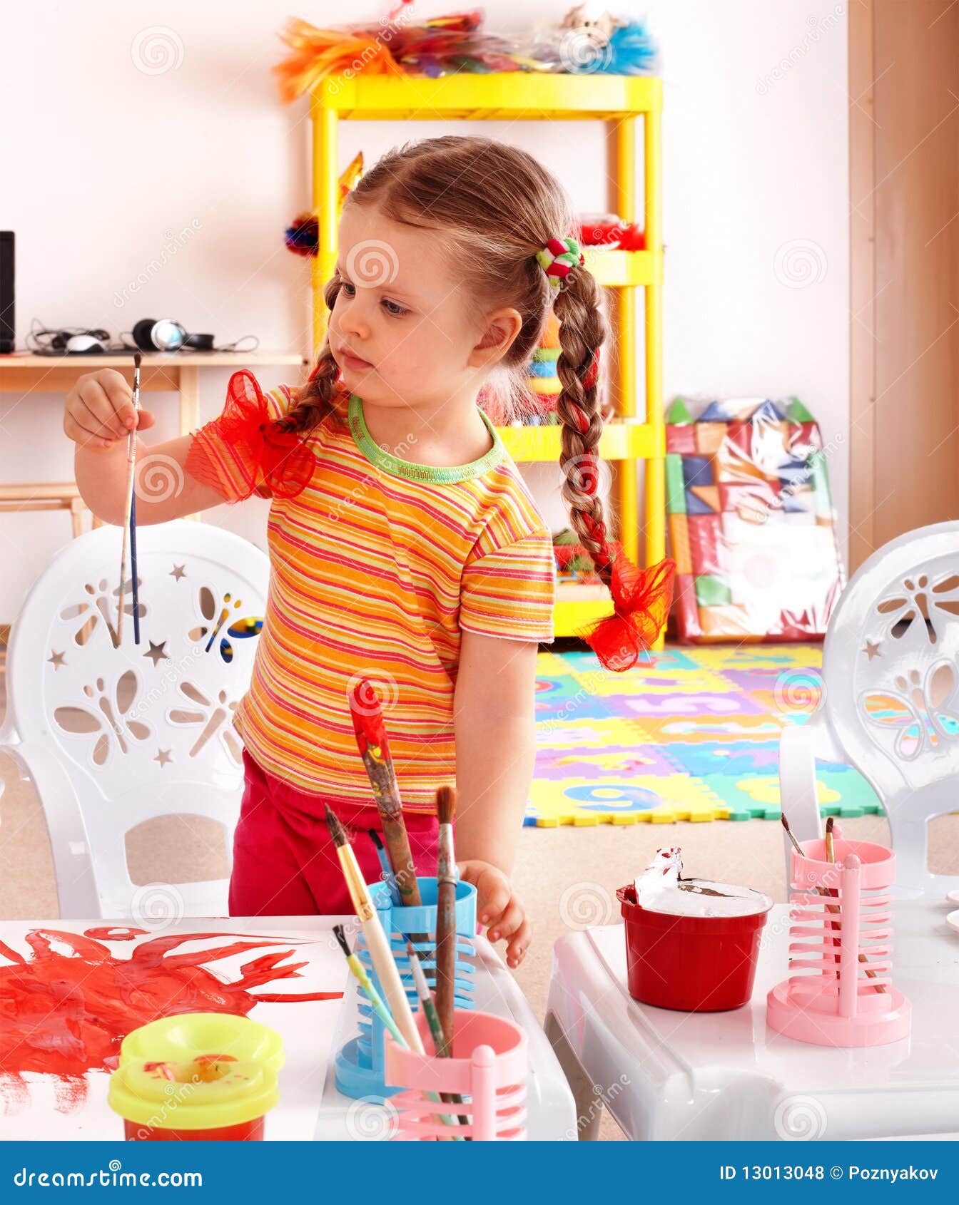 Child with Paint and Brush in Playroom. Stock Photo - Image of happy ...