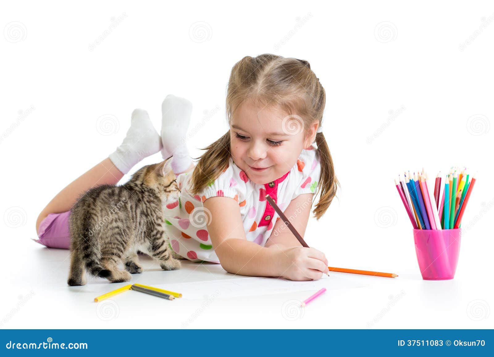 Child Painting and Playing with Kitten Stock Image - Image of happy ...