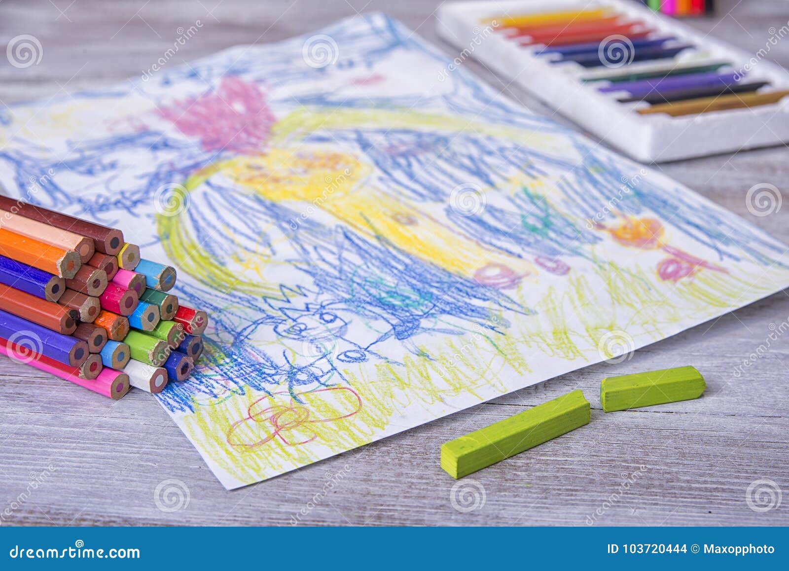Child Painting in the Preschool with Crayons. Stock Photo - Image of ...