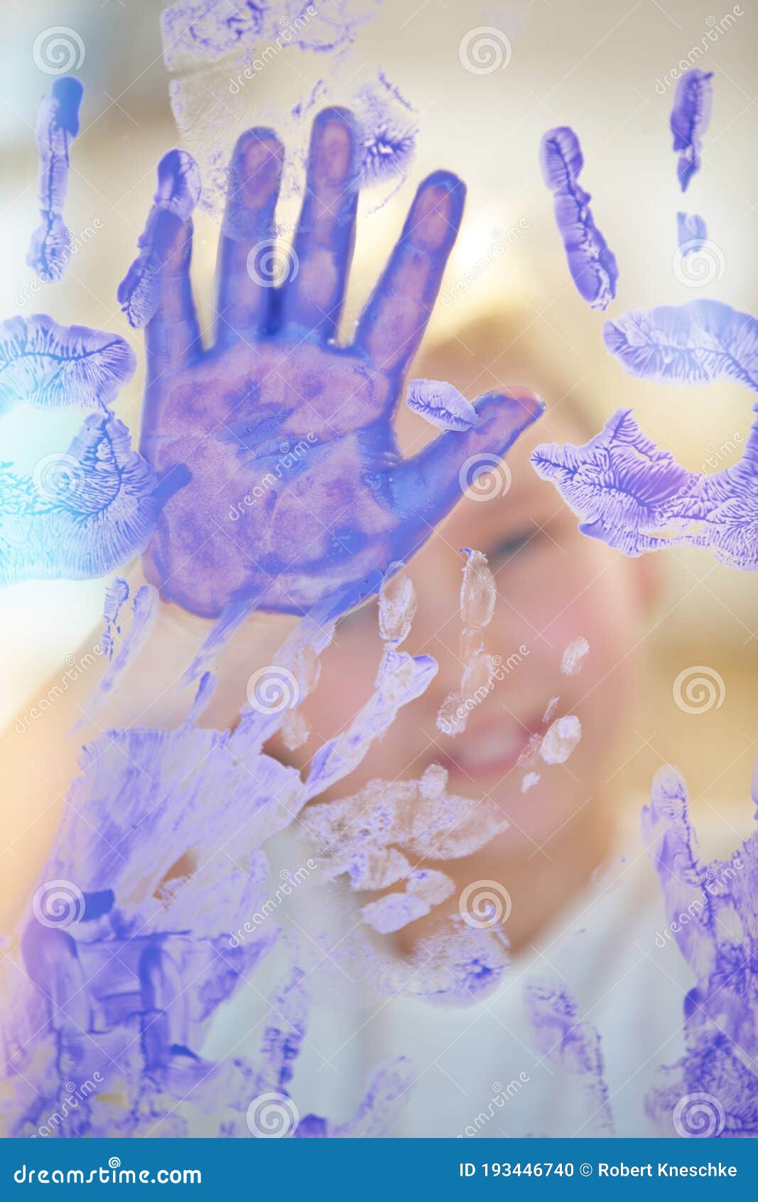 Child Paints Handprints with Hand on Window Stock Photo - Image of ...