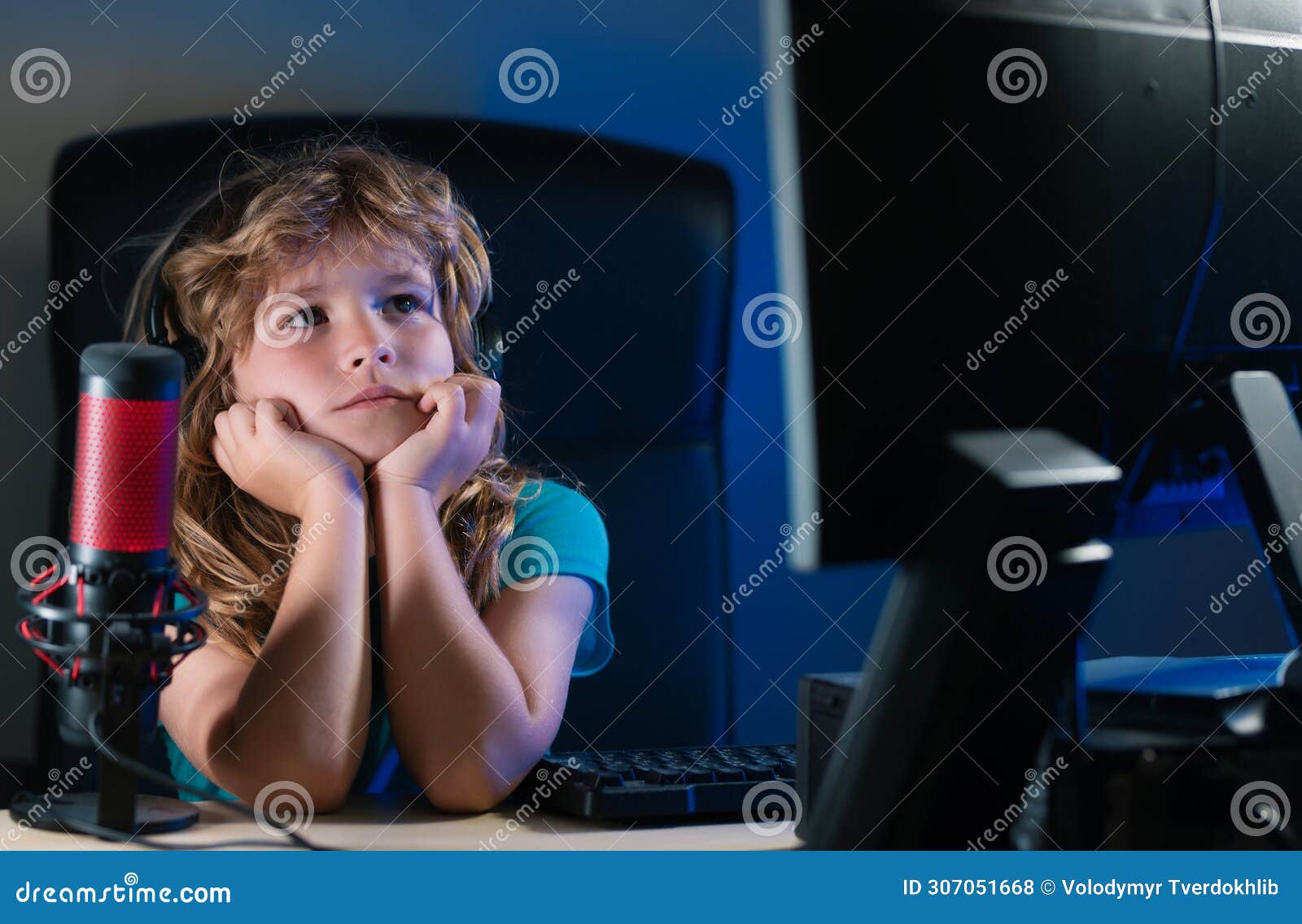 Child with Pc Computer at Night. School, Study, Online Learning Concept ...