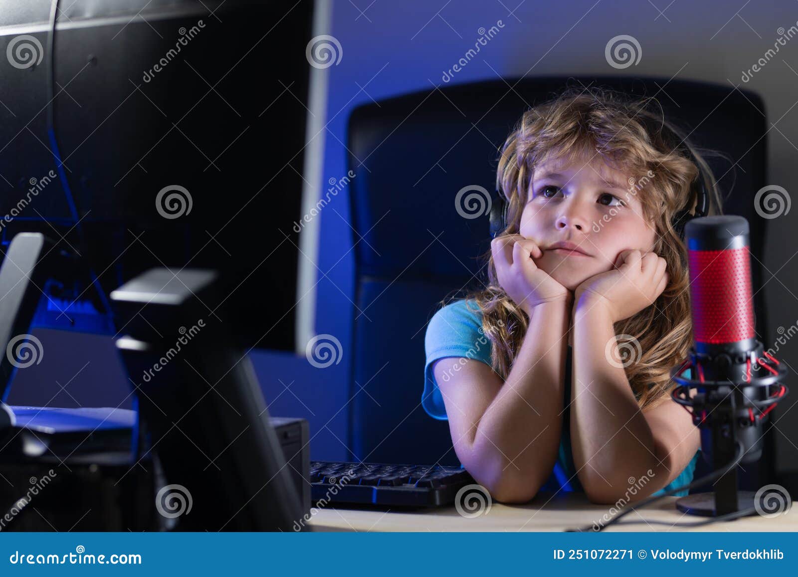 Child with Pc Computer at Night. School, Study, Online Learning Concept ...