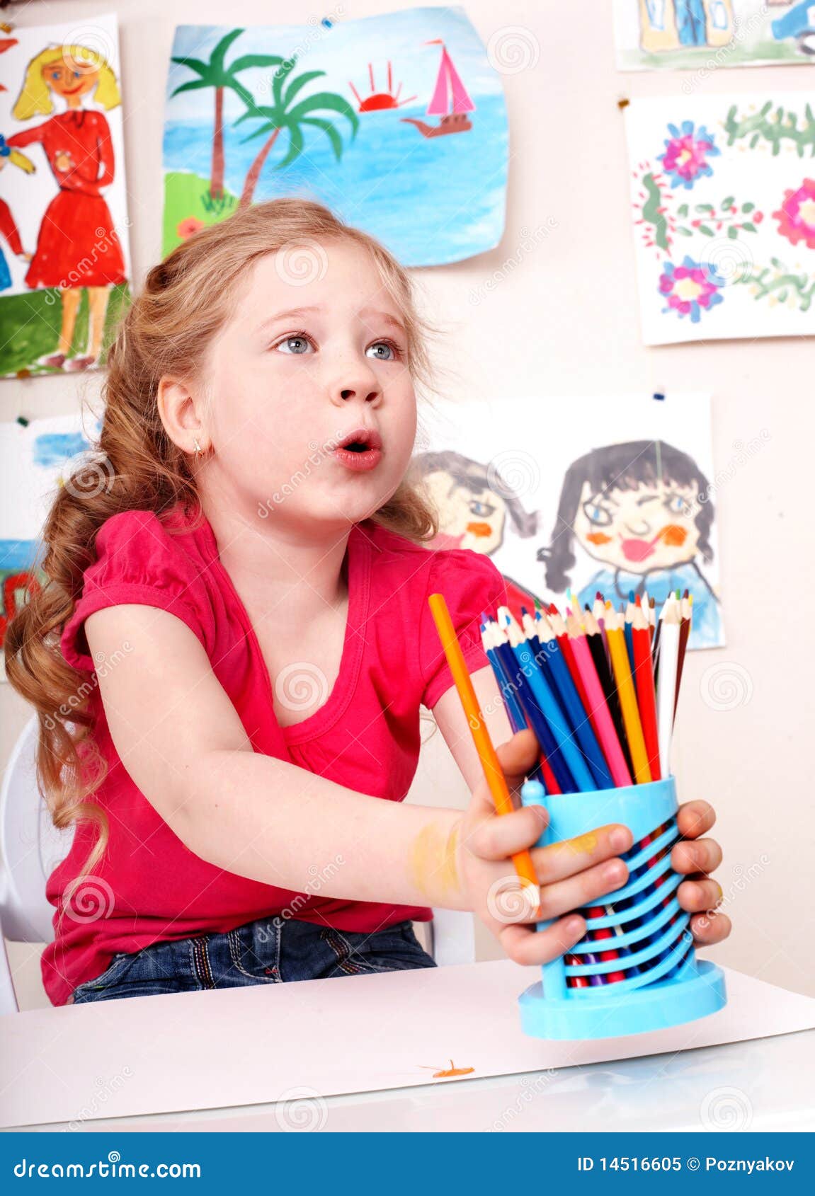 Child with Pencil in Play Room. Stock Image - Image of table, paper ...