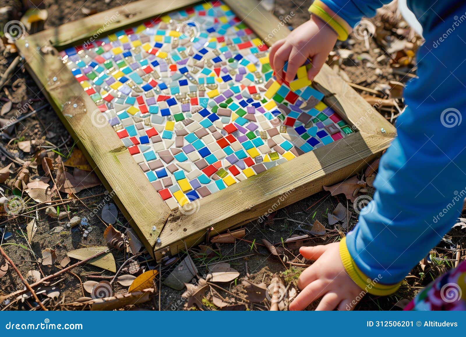 Child Placing Bright Tiles on a Simple Mosaic Frame Outdoors Stock ...