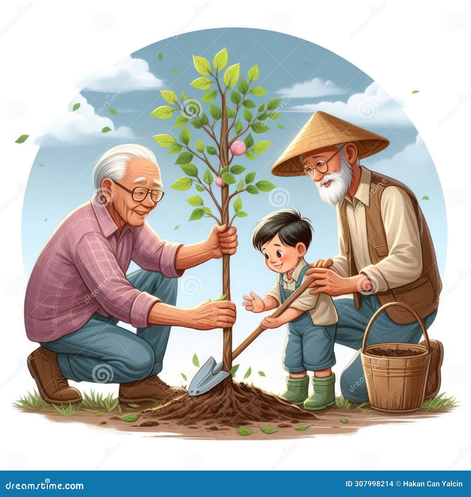 Child Planting a Tree with Guidance from Elders Stock Illustration ...