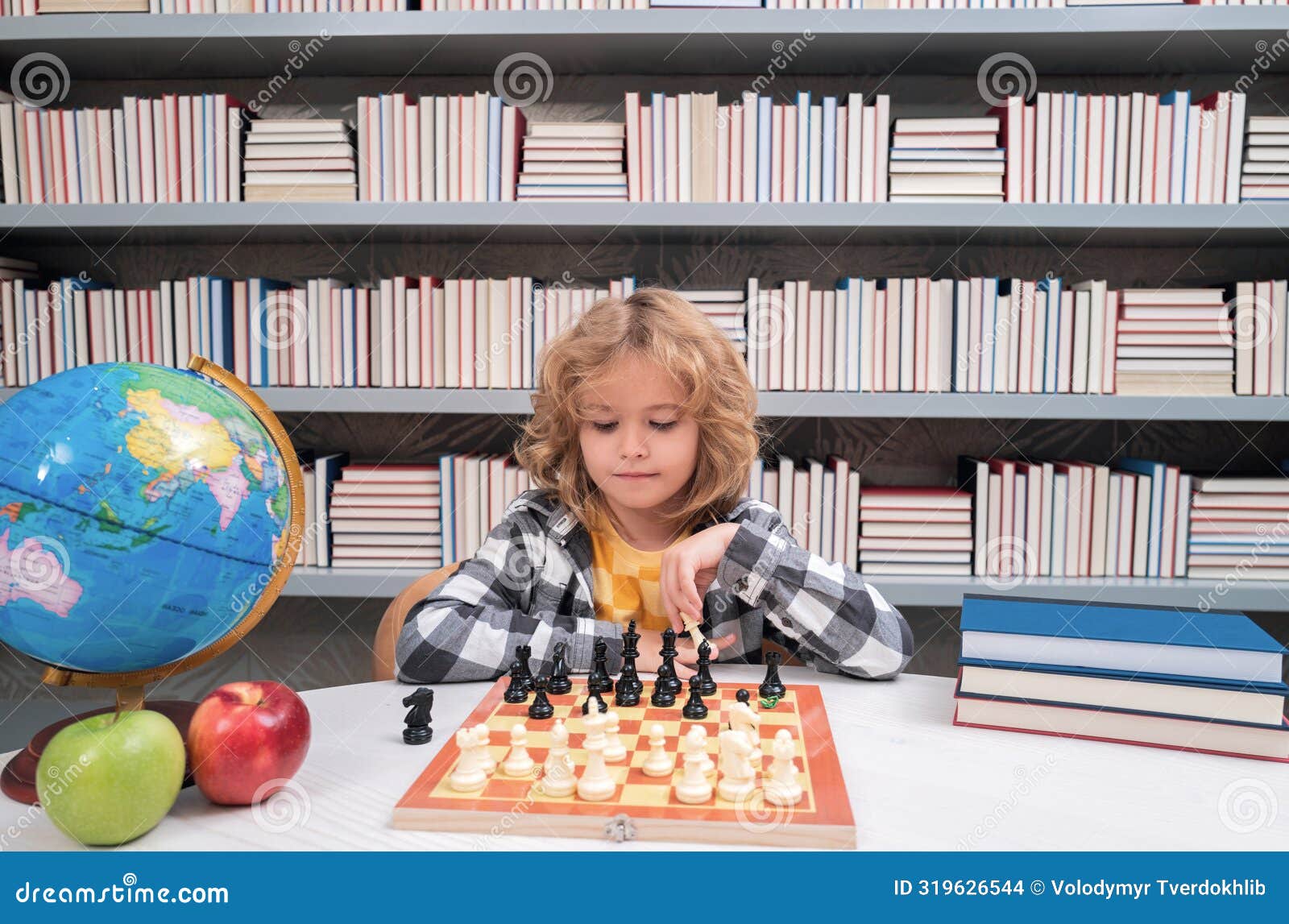 Child Play Chess. Clever Child Thinking about Chess. Portrait of Clever ...
