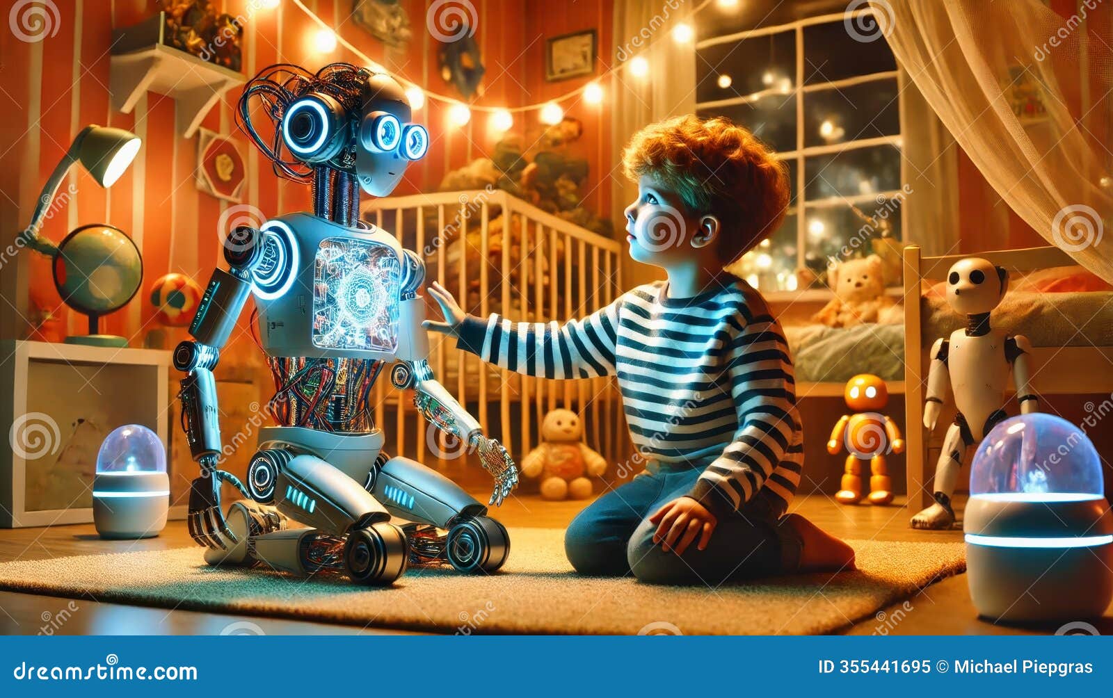 A Child Playing with an AI Robot Child in a Futuristic Playroom Stock ...