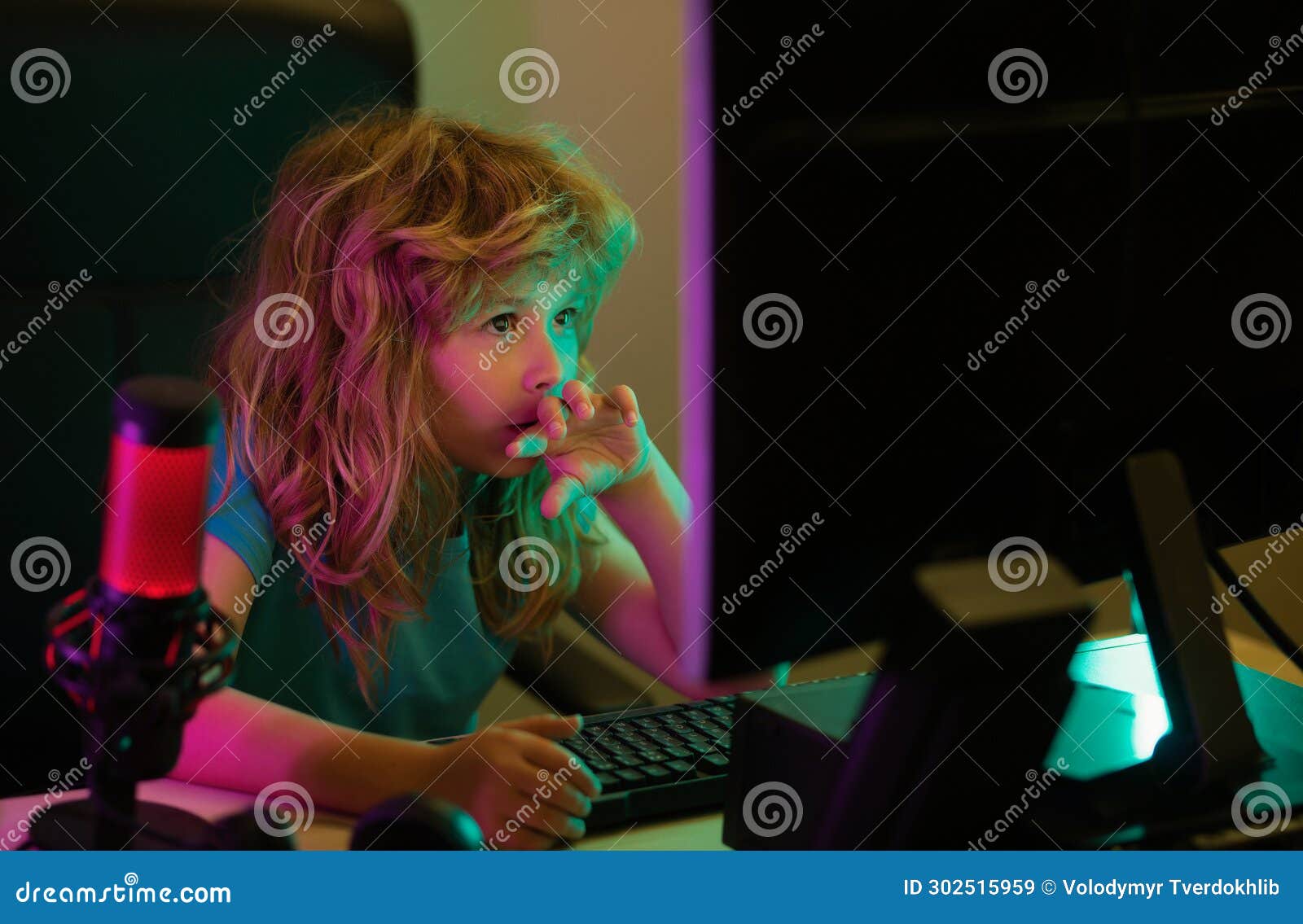 Child Playing Computer Games or Studying on Pc Computer. Kid Gamer on ...