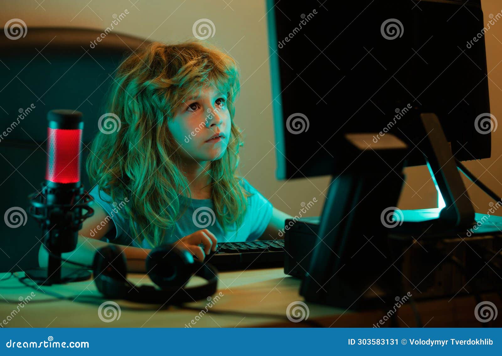 Child Playing Computer Games or Studying on Pc Computer. Kid Gamer on ...