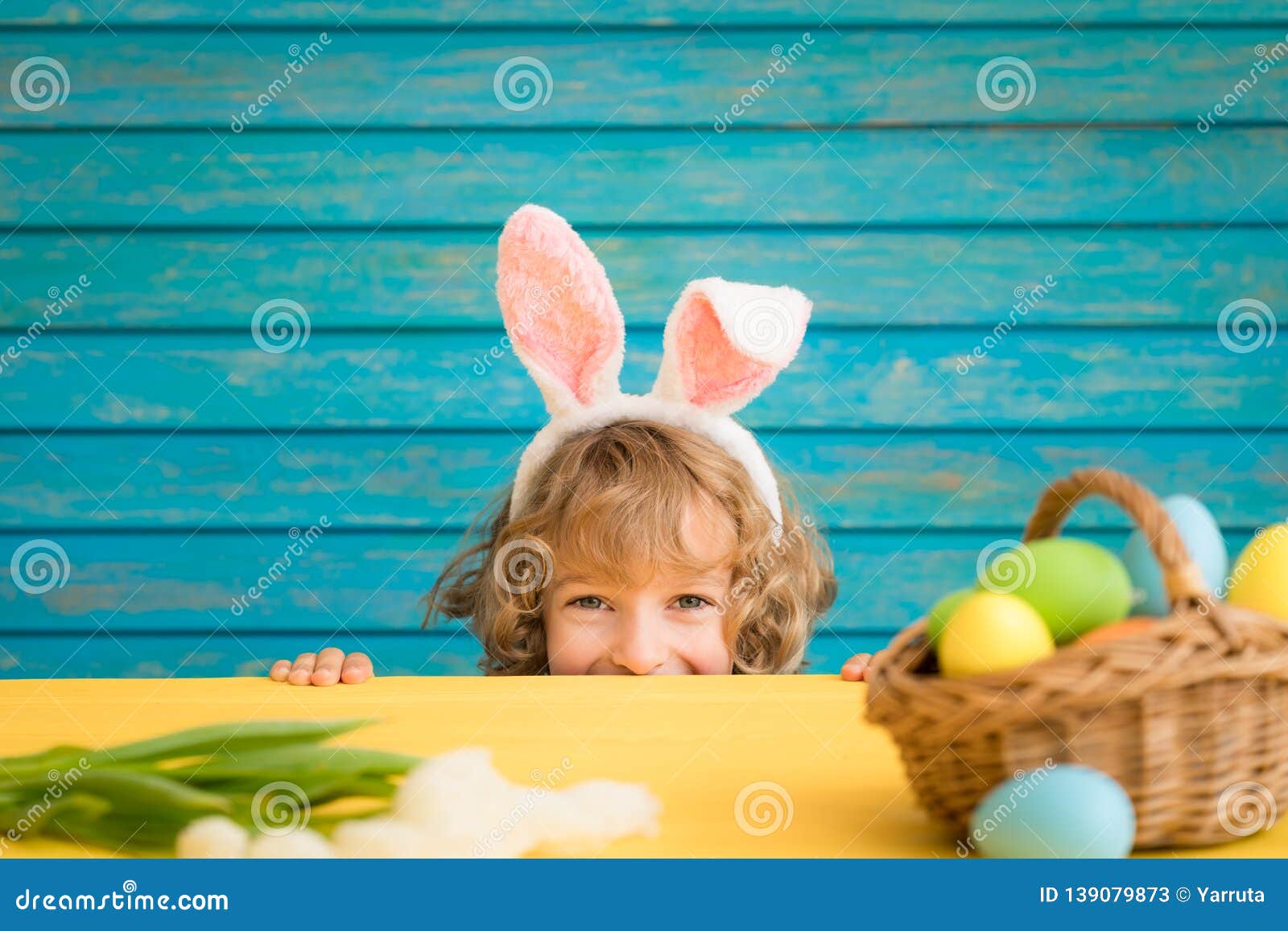 Child Playing with Easter Bunny Stock Image - Image of eggs, costume ...