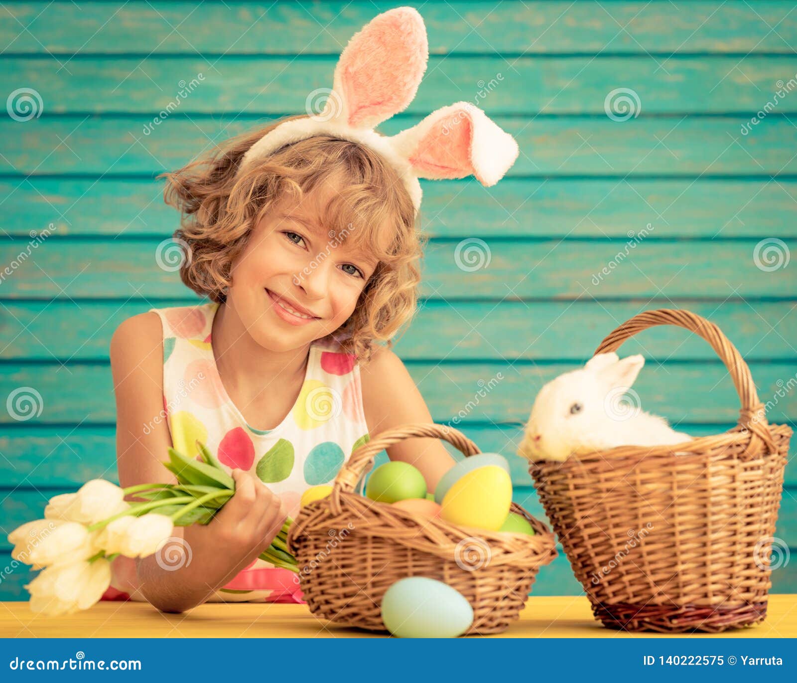 Child Playing with Easter Bunny Stock Image - Image of colorful, happy ...