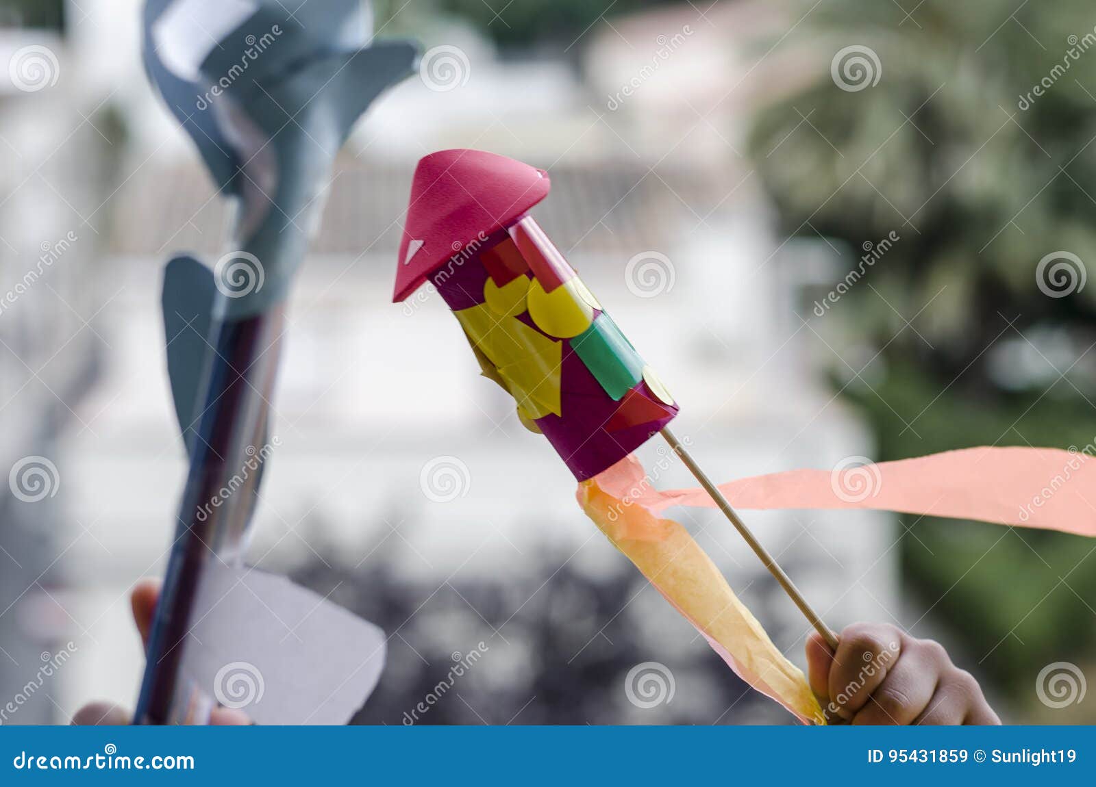 Child Playing with a Handmade Rocket by a Kid Stock Image - Image of ...