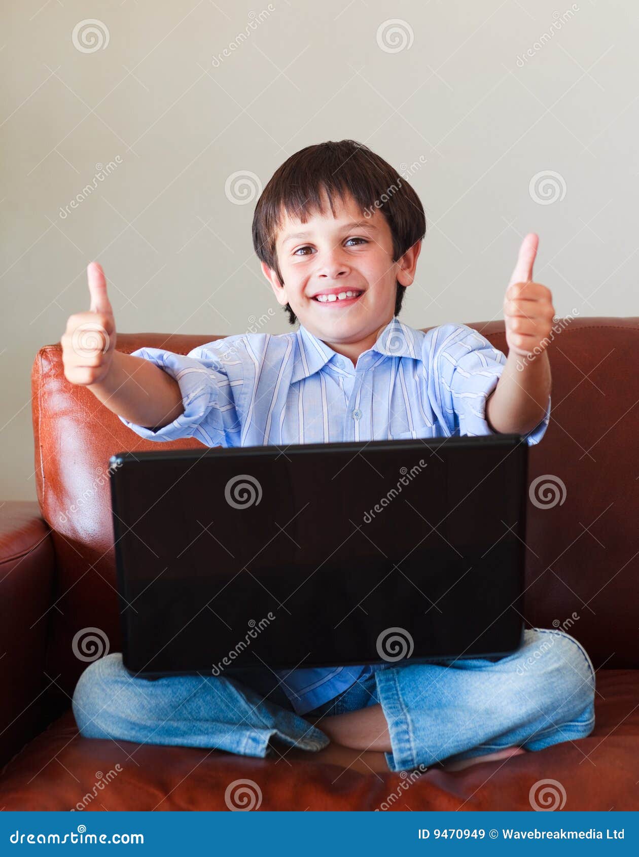 Child Playing with His Laptop with Thumbs Up Stock Image - Image of ...