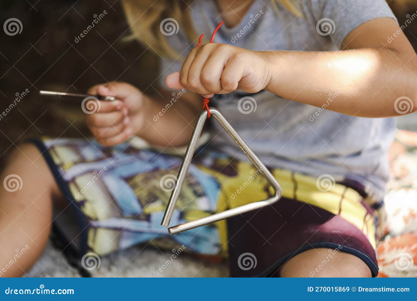 Child Playing Musical Instruments Outdoors at Kindergarten Stock Image ...