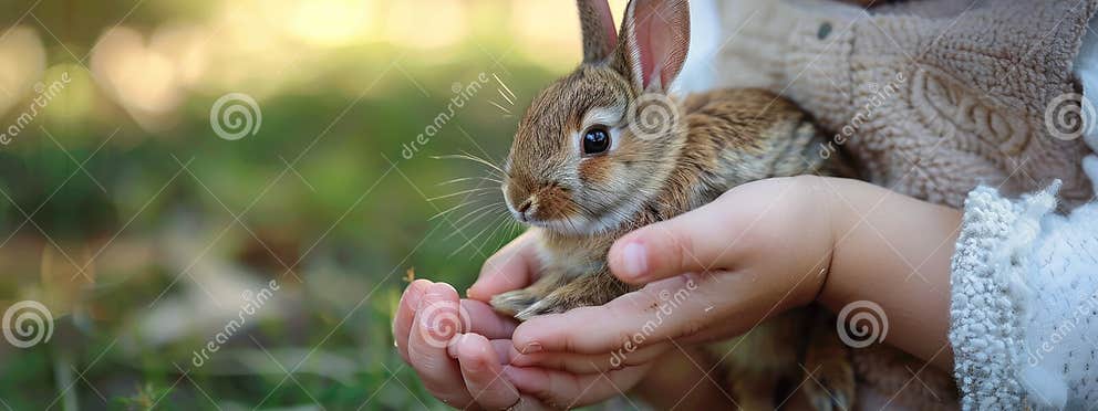A Child Plays with a Small Rabbit in Nature Stock Image - Image of ...