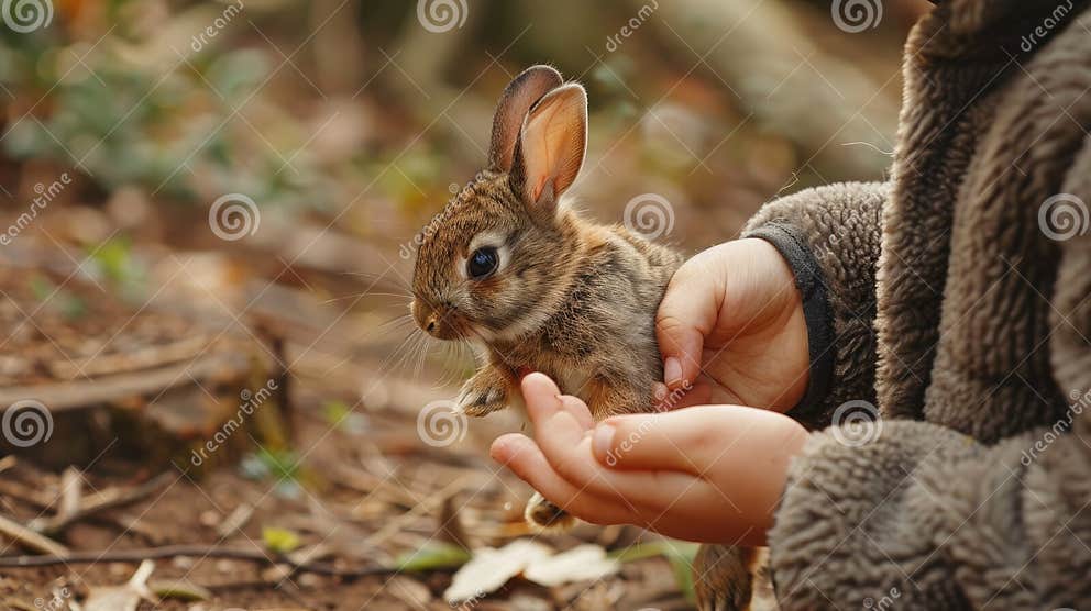 A Child Plays with a Small Rabbit in Nature Stock Image - Image of ...