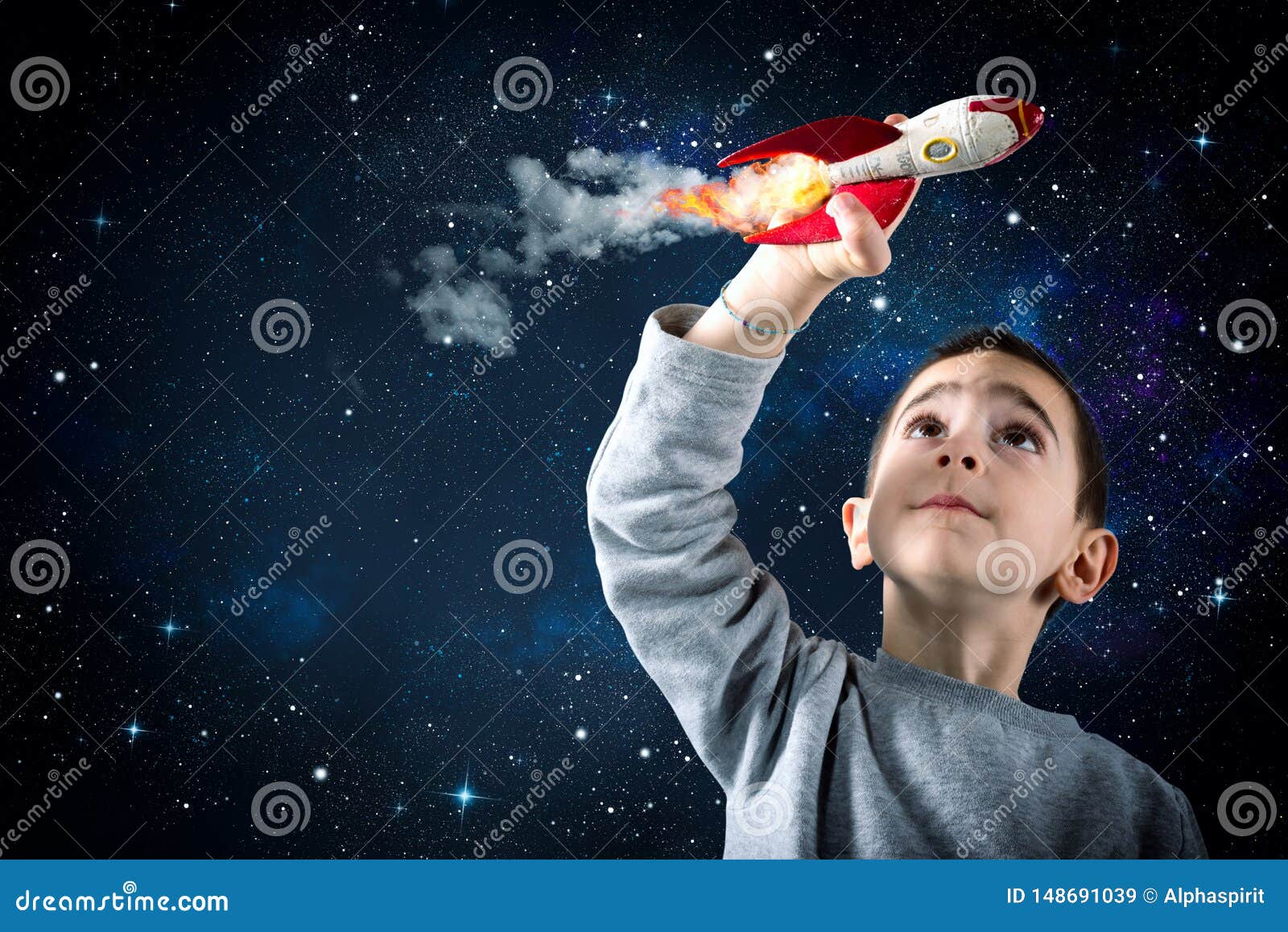 Child Plays with a Rocket. Concept of Imagination Stock Image - Image ...