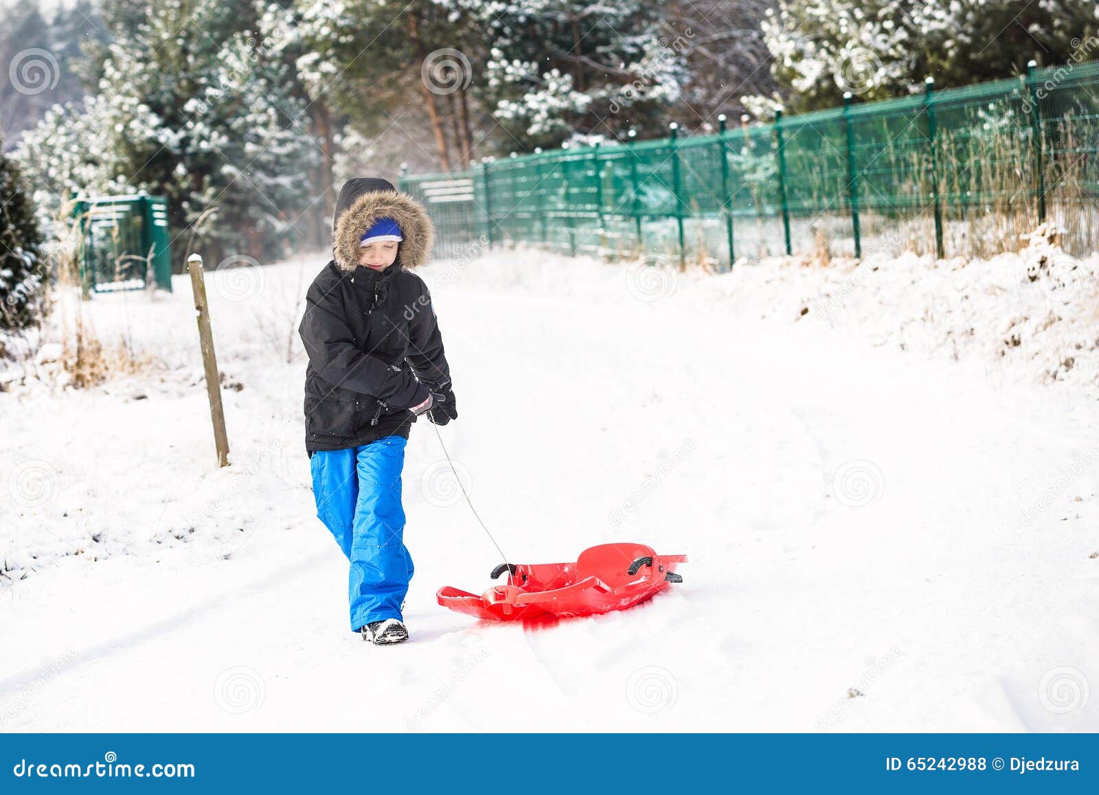 Child Pulling Red Plastic Sled. Stock Photo - Image of laughing ...