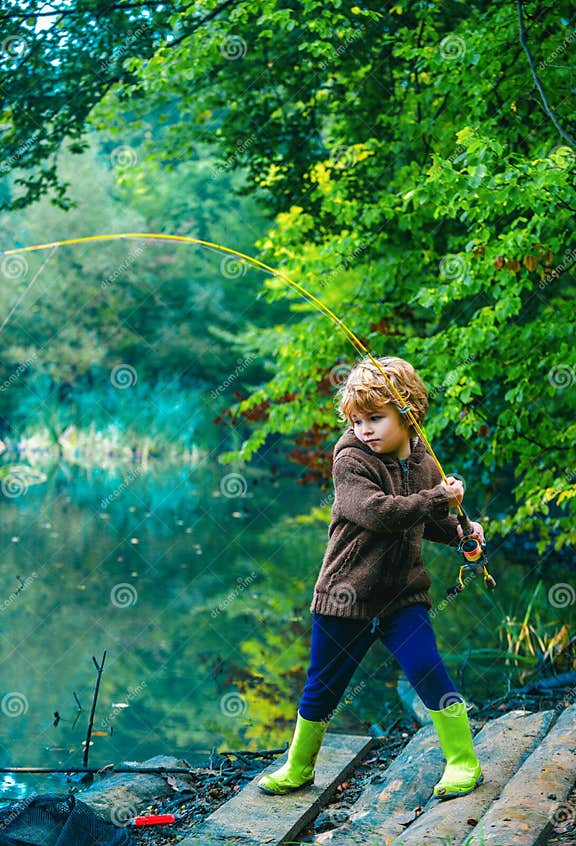 Child Pulling Rod while Fishing on Weekend. Stock Image - Image of ...