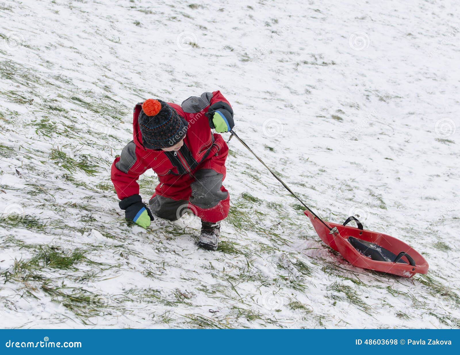 Child Pulling Sledge Up Hill Stock Photo - Image of childhood, play ...