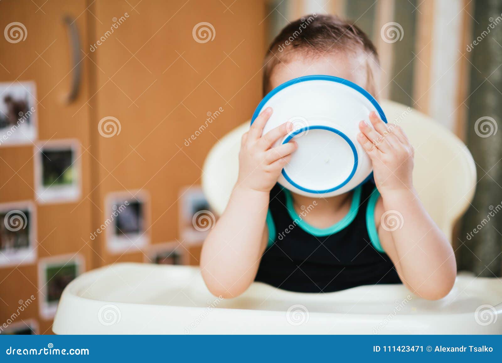 The Child Put a Bowl on His Head Stock Image - Image of little ...