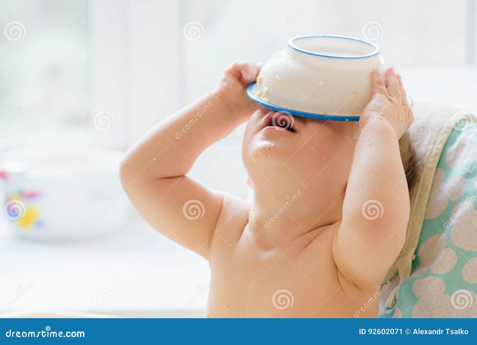 The Child Put a Bowl on His Head Stock Image - Image of diet, happiness ...