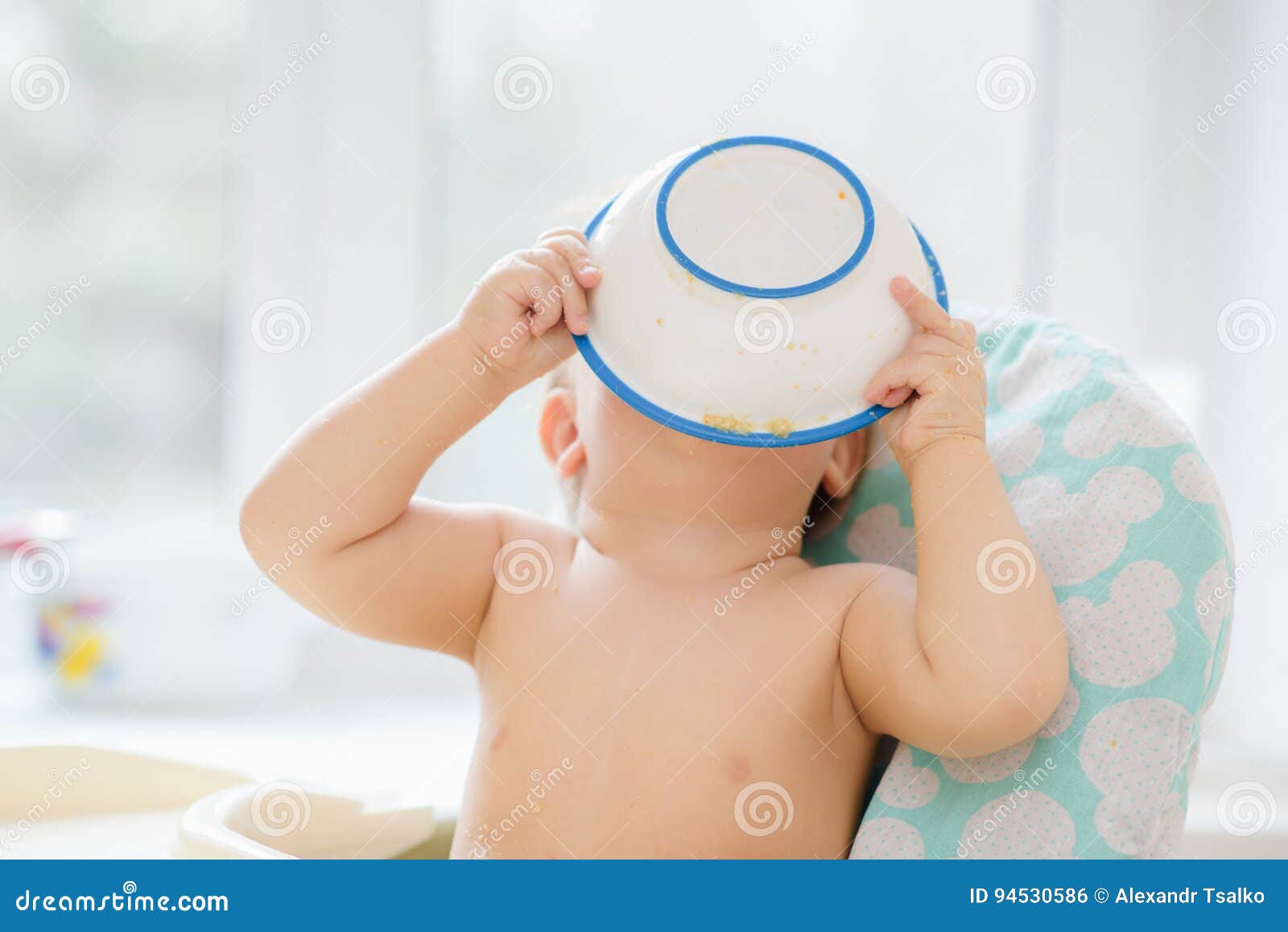 The Child Put a Bowl on His Head Stock Photo - Image of caucasian ...