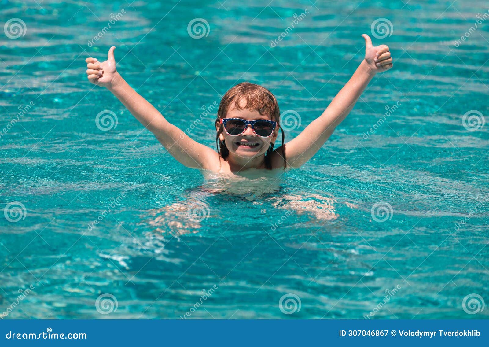 Child Raised Hands Relax in Summer Swimming Pool. Stock Image - Image ...