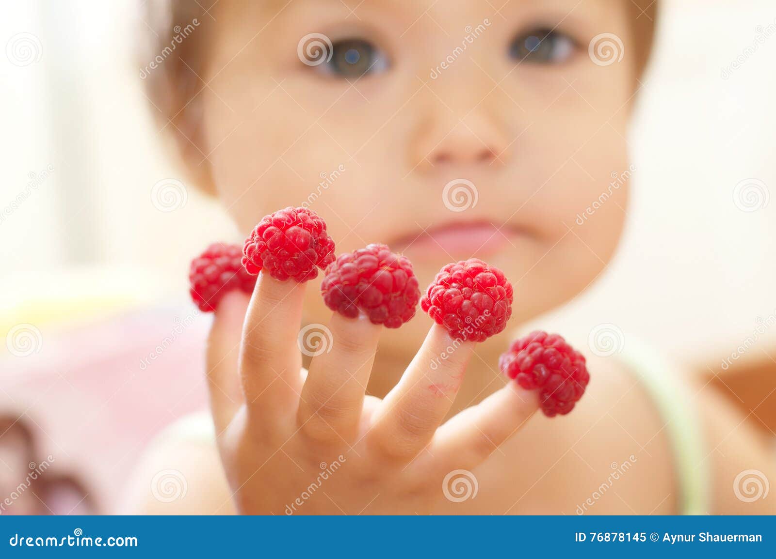 Child with Raspberry on Fingers, Focus on Hands Stock Image - Image of ...