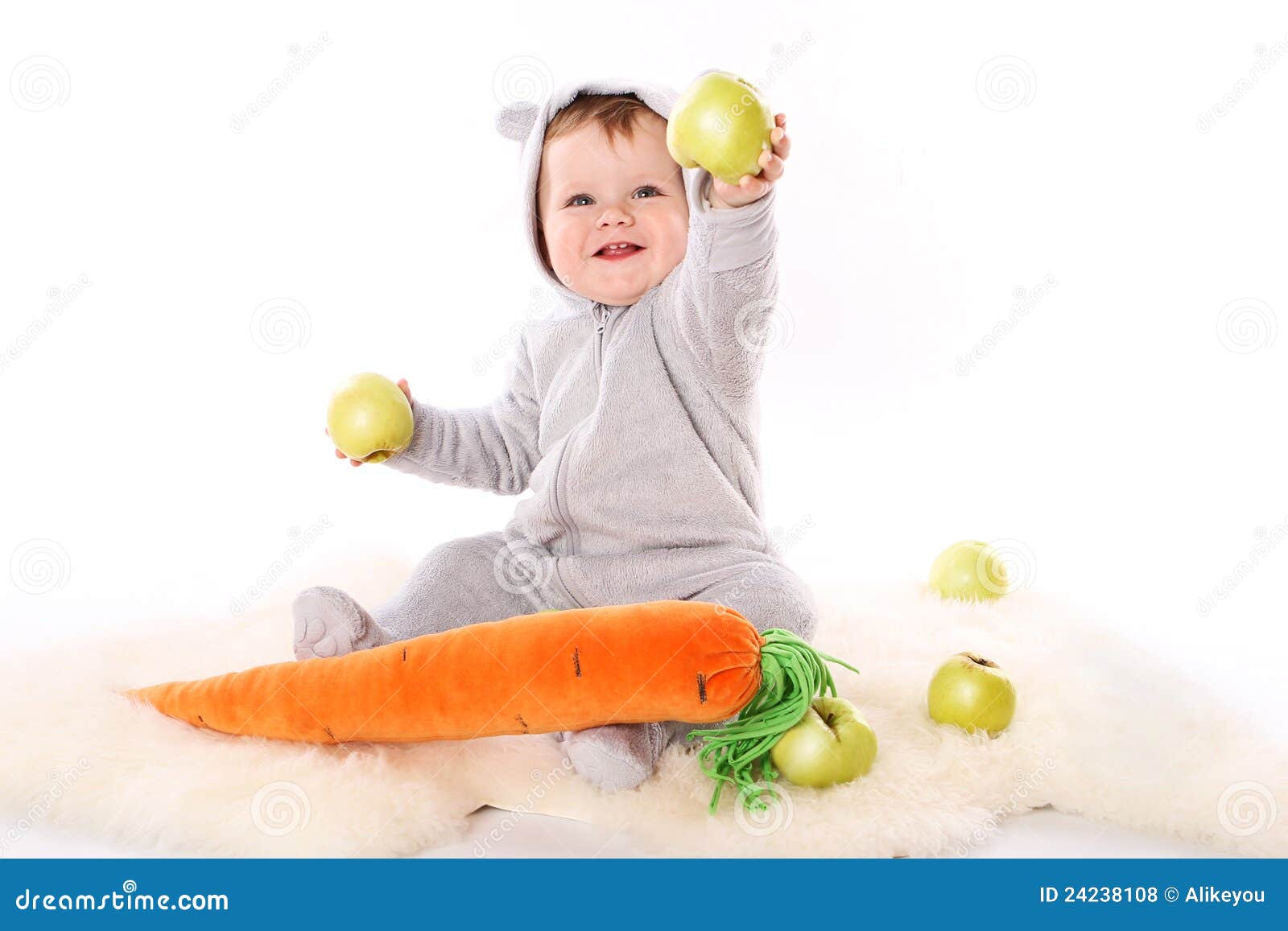 Child Reaches Out a Green Apple and Smiling Stock Photo - Image of ...