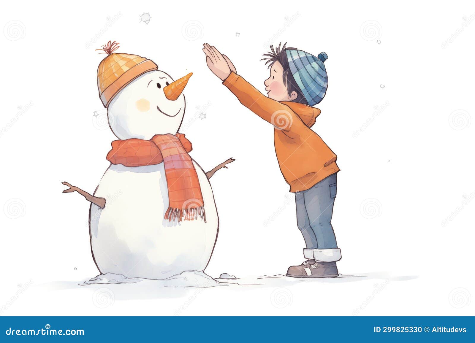 Child Reaching Up To Adjust a Snowmans Hat Stock Illustration ...